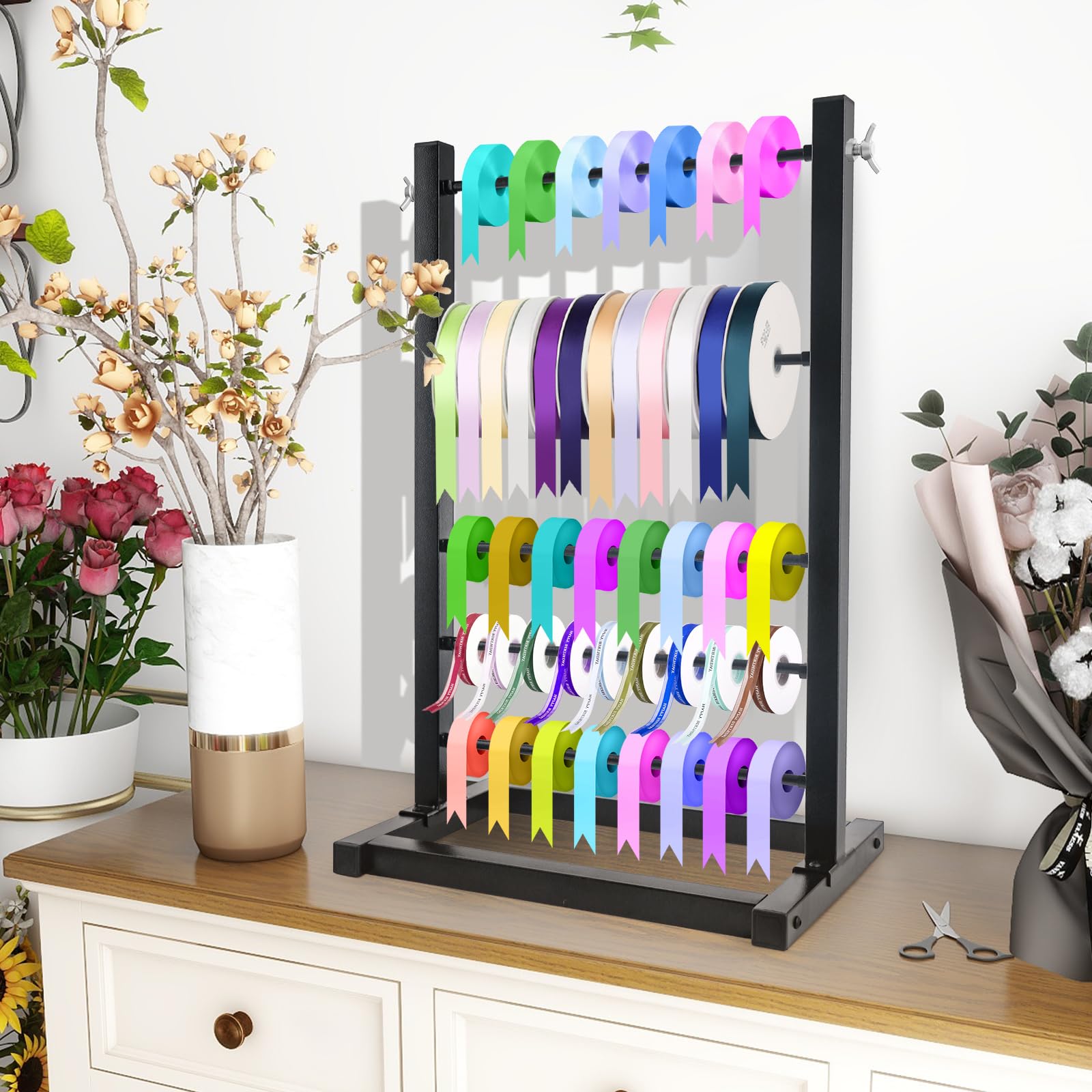 Fumingpal 5 Tier Ribbon Holder Organizer Rack, Ribbon Holder, Ribbon Storage, Large Capacity Ribbon Organizer for Craft Room,Cake Shop,Flower Store(Black)