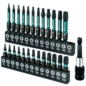 facoow torx bit set(t5-t40), 26 pack security torx bits set with magnetic tips,tamper proof star bits set s2 alloy steel, 1"&2" long impact torque bit set & 2.3" self-locking quick change extension