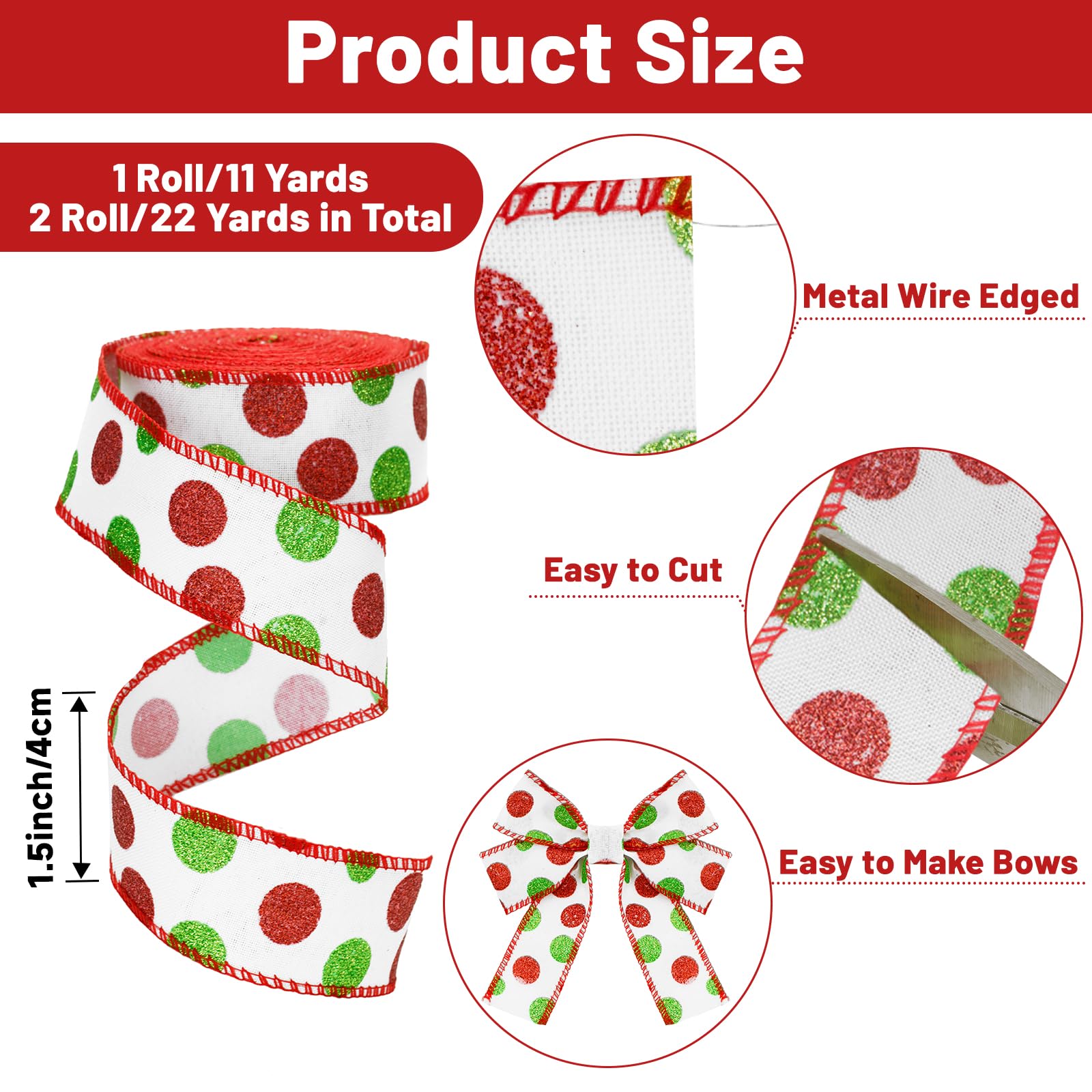 Christmas Wired Ribbon 22 Yards 1.5 Inch Christmas Red Green Dots Ribbon 2 Rolls Christmas Glitter Ribbon Christmas Tree Ribbon Polka Dots Burlap Ribbon for Christmas Decoration, DIY Crafts (White)