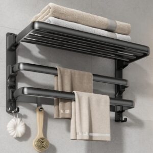 voldra 24-inch towel rack,bathroom towel shelf with 2 towel bar foldable towel holder with 7 hooks towel storage organizer for bathroom & lavatory wall mounted (matte black)