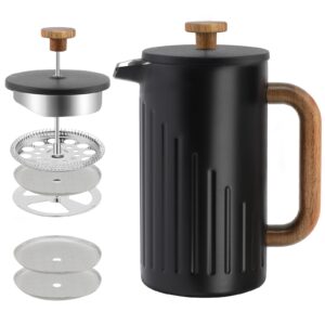 rorence 34oz french press coffee maker，thermo coffee press with real wood handle & plunger head, double wall insulation & dual-filter screen, incl. replaced filters & instructions, black