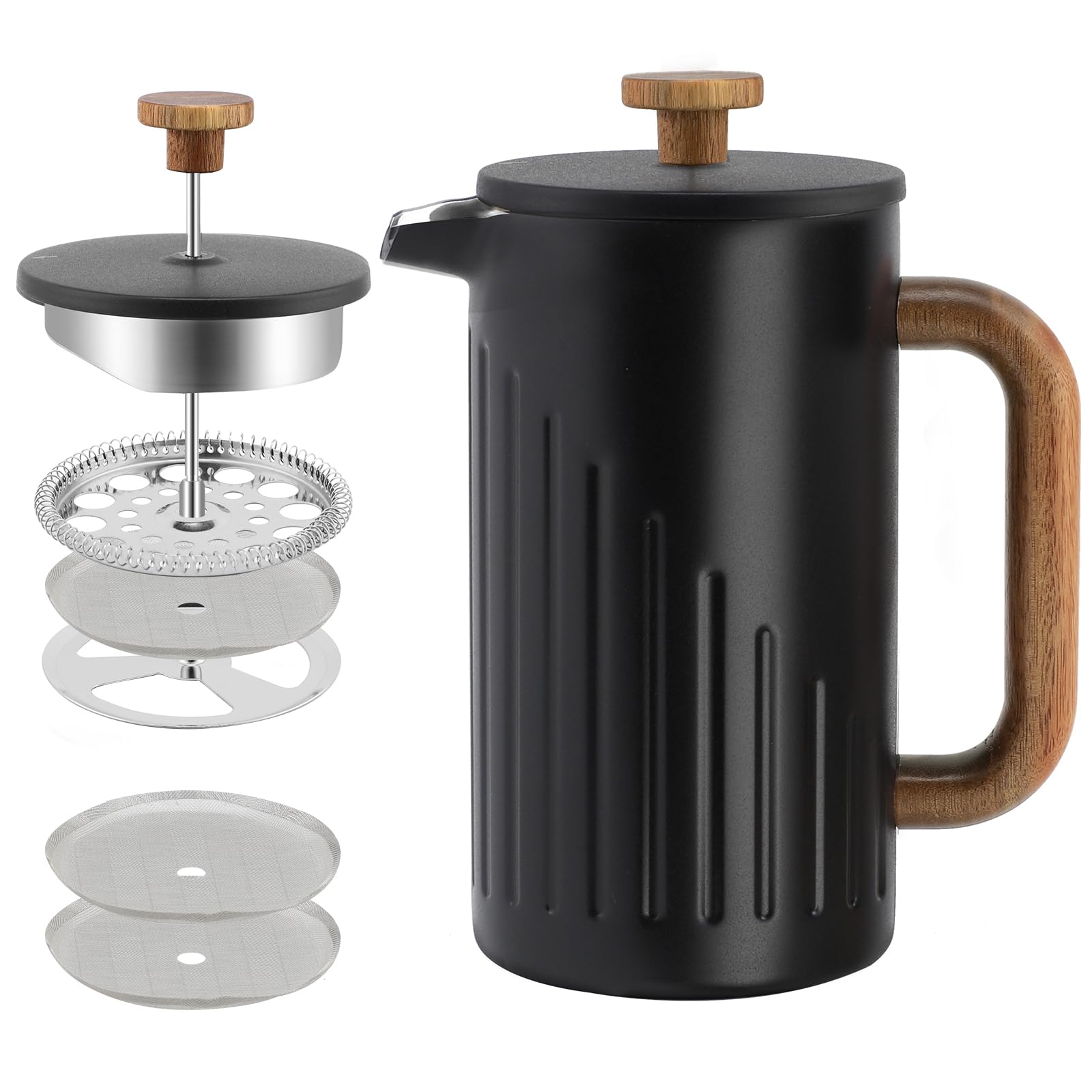 Rorence 34oz French Press Coffee Maker，Thermo Coffee Press with Real Wood Handle & Plunger Head, Double Wall Insulation & Dual-Filter Screen, incl. replaced filters & instructions, Black