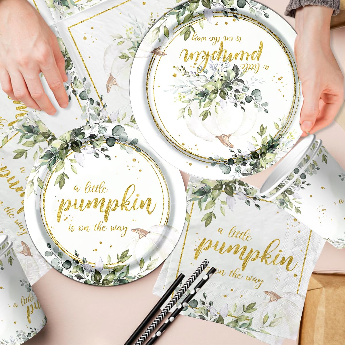 Little Pumpkin Baby Shower Decorations, A Sweet Little Pumpkin is On The Way Plates and Napkins Sage Greenery Eucalyptus Tableware Sets for Fall Baby Shower,Sage Green Birthday Supplies