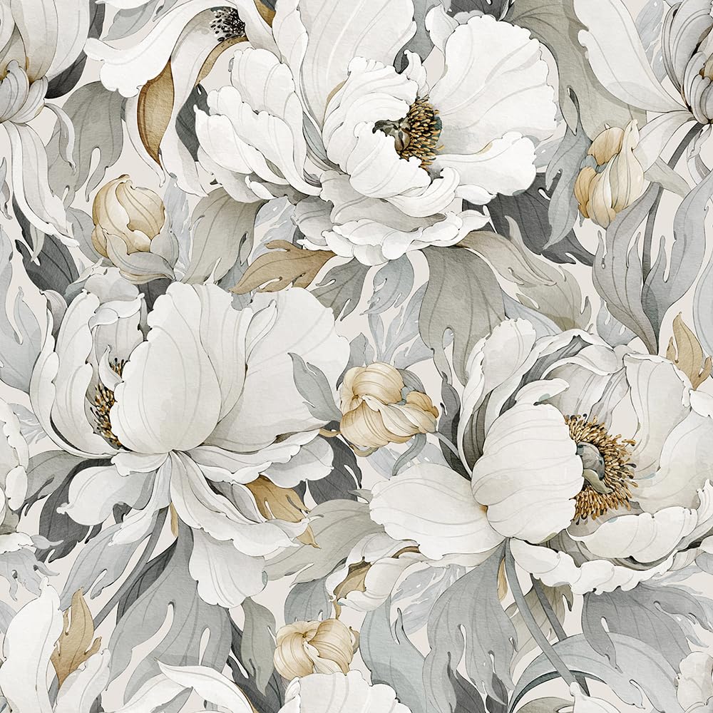 MuralPeel White Poppies Floral Modern Grey Peonies Flowers Peel and Stick Wallpaper Self Adhesive Removable Easy Peel Off Stick on Wall Paper for Bedroom Renter