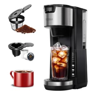 teglu 2024 hot and iced coffee maker single serve for k cup and ground coffee, iced coffee machine with 30oz removable water reservoir, brews 6 to 14oz cup size, fits travel mug, black