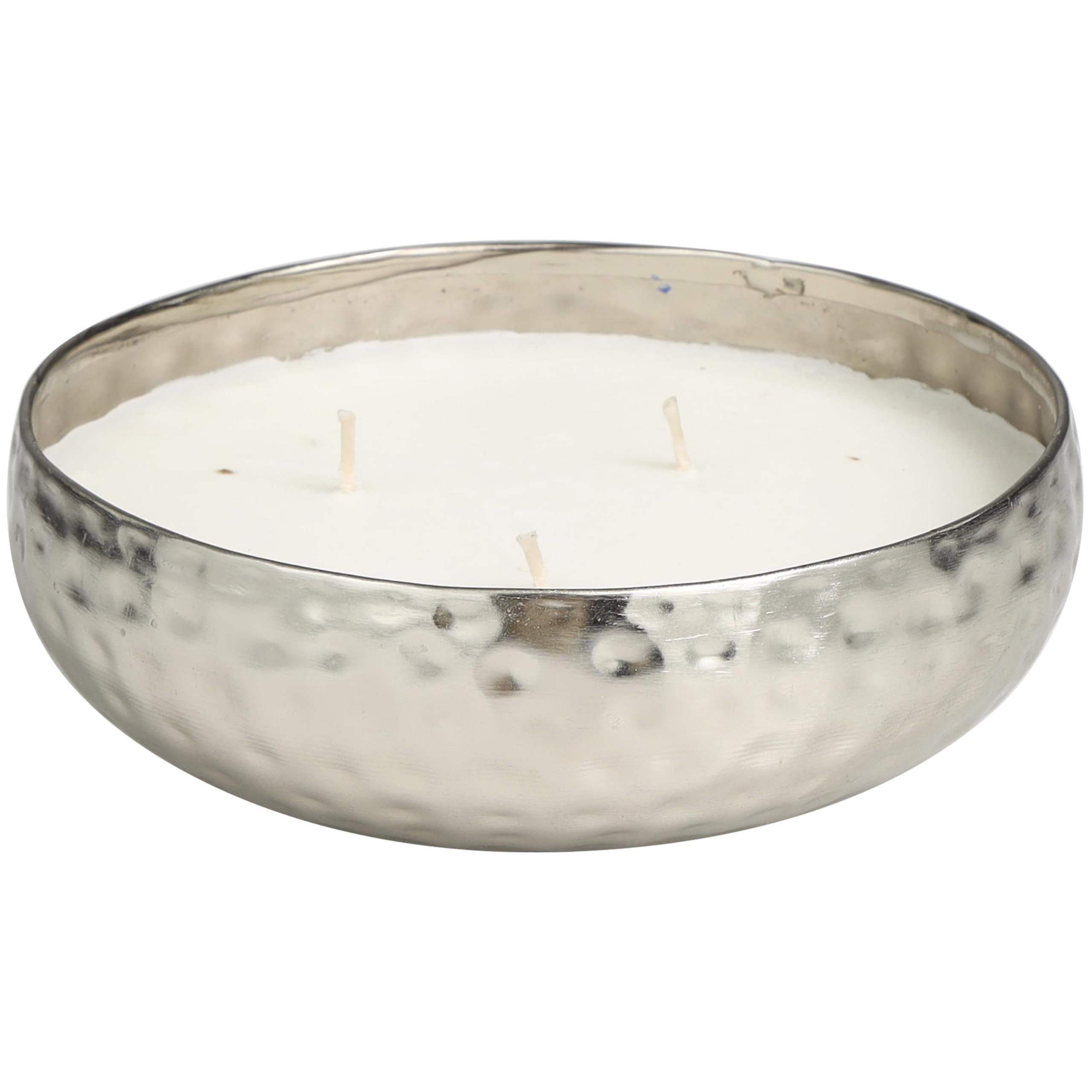 Deco 79 Metal Decorative Candle White Sage Scented Hammered 20 oz 3 Wick Aromatherapy Candle with White Wax, Wax Aromatherapy Candle 7" x 7" x 2", Silver