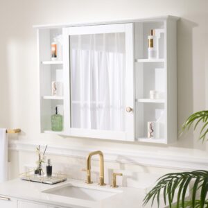 wellfor 42"x 30" bathroom medicine cabinet with mirror, wall mounted storage cabinet for bathroom, mirror cabinet with open/built-in shelves and single door, bathroom wall cabinet with mirror, white