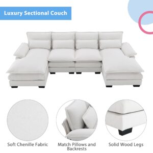 GNIXUU 109.8“ Sectional Sofa Cloud Couch for Living Room, Modern Chenille Large Overstuffed U Shaped Couch, Comfy Modular Sofa Sleeper with Double Chaise & Cushions(White)