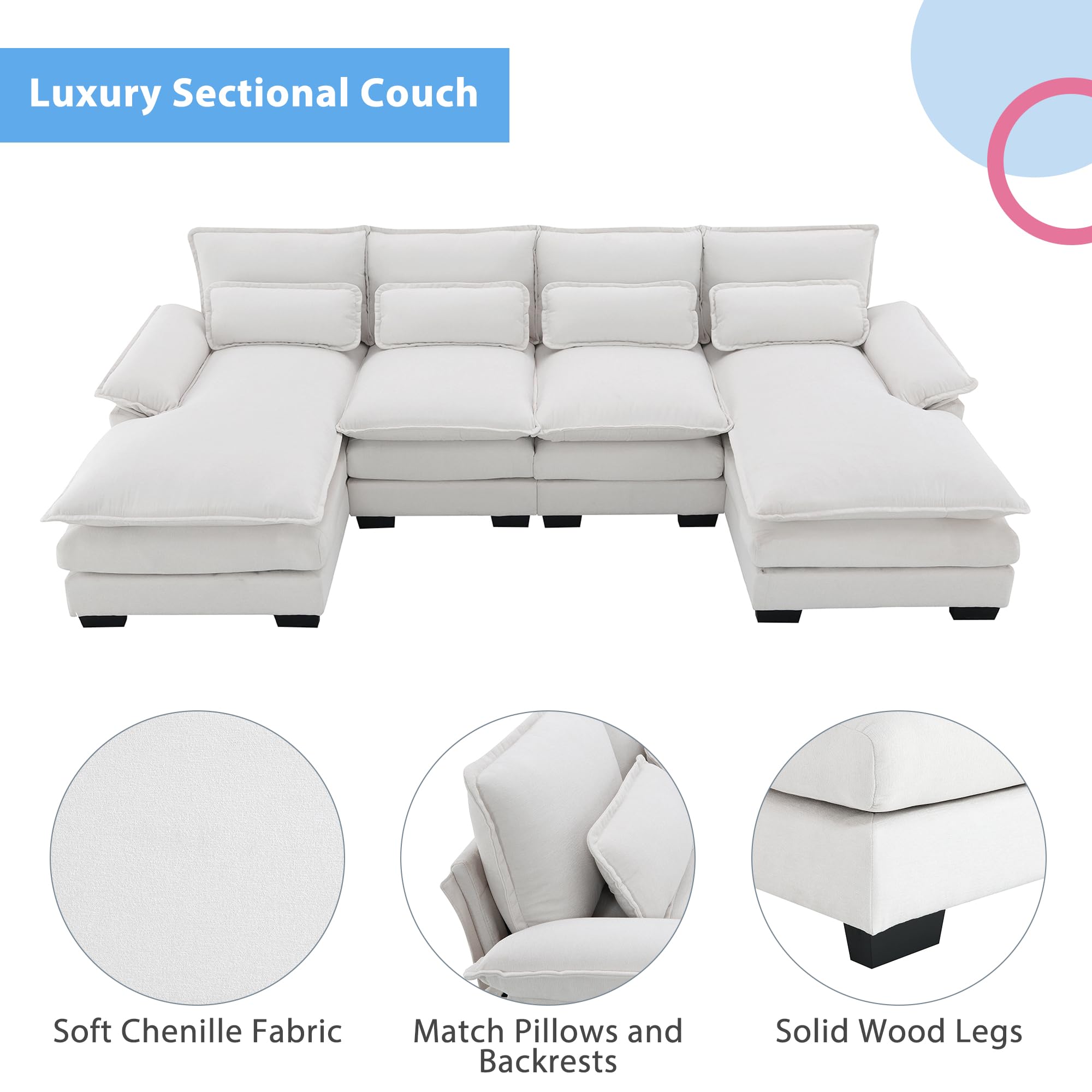 GNIXUU 109.8“ Sectional Sofa Cloud Couch for Living Room, Modern Chenille Large Overstuffed U Shaped Couch, Comfy Modular Sofa Sleeper with Double Chaise & Cushions(White)