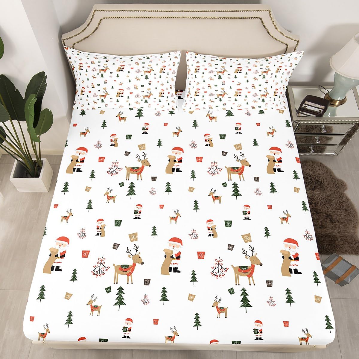 Santa Claus Twin Bed Sheets for Girls Boys Kids Merry Christmas Fitted Sheet Happy New Year Xmas Bed Set Christmas Elk Tree Snowflake Bedding Set Christmas Themed Bedding 2 Piece