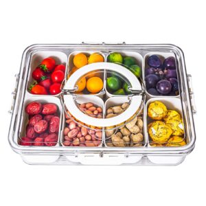 divided serving tray with lid and handle - snackle box charcuterie container for portable snack platters - clear organizer for candy, fruits, nuts, snacks - perfect for party, entertaining