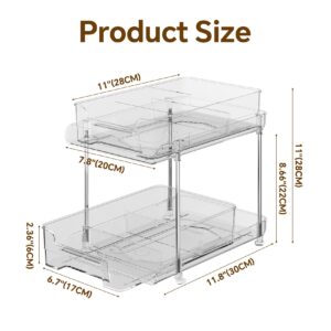 Under Sink Organizer, 2 Packs Bathroom Organizers and Storage,Stackable Multi-purpose 2 Tier Pull out Clear Medicine Cabinet Drawer Bins for Bathroom, Kitchen, Pantry, Closet, Countertop with Deviders