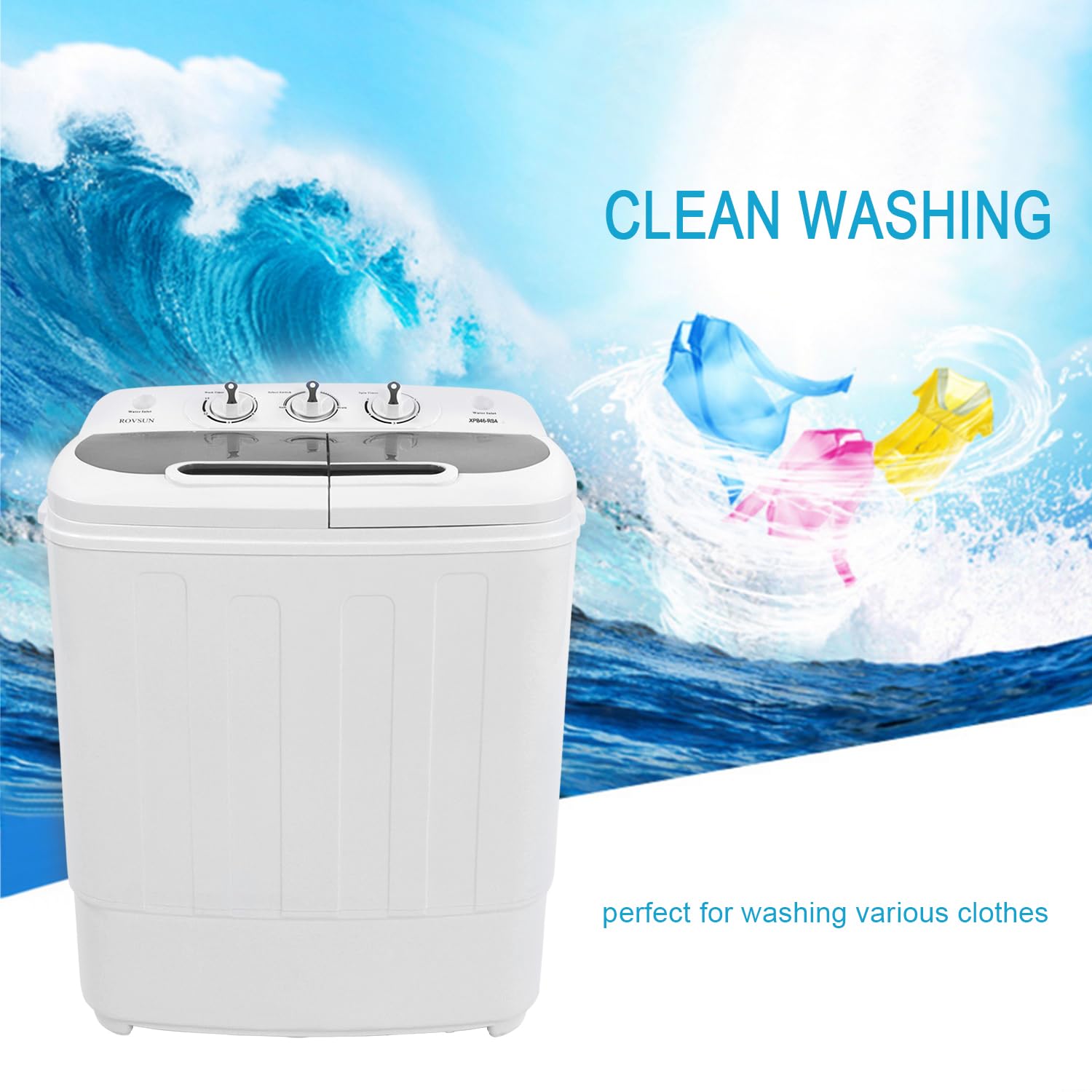 ROVSUN Portable Washing Machine, 15LBS Mini Compact Twin Tub with Washer(9lbs) & Spiner(6lbs) & Built-in Pump Draining for Apartment Camping College Dorm Home RV