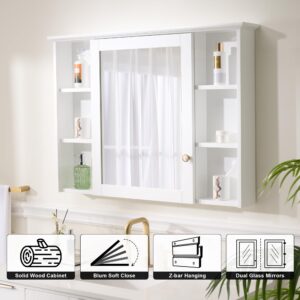 WELLFOR 42"x 30" Bathroom Medicine Cabinet with Mirror, Wall Mounted Storage Cabinet for Bathroom, Mirror Cabinet with Open/Built-in Shelves and Single Door, Bathroom Wall Cabinet with Mirror, White