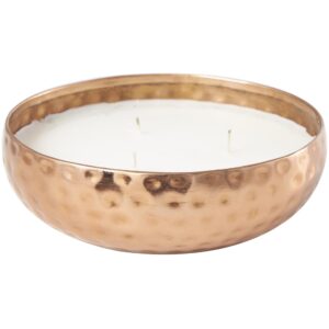 deco 79 metal decorative candle tropical breeze scented hammered 20 oz 3 wick aromatherapy candle with white wax, wax aromatherapy candle 7" x 7" x 2", copper