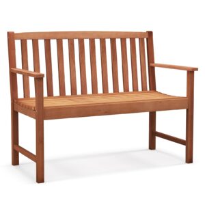 giantex outdoor bench, wood patio bench with cozy armrests & backrest, slatted sitting area, eucalyptus wood frame, 2-person loveseat for park, porch, yard, 800 lbs max load, garden bench (eucalyptus)