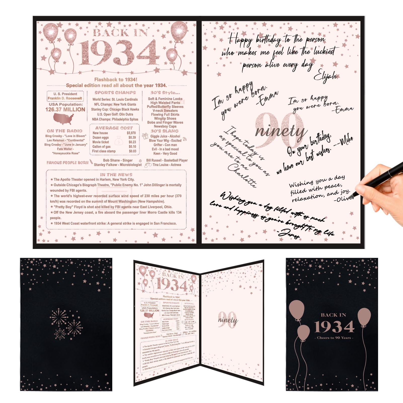 Crenics 90th Birthday Gift for Women, Creative Back in 1934 Birthday Poster, Giant 90th Birthday Guest Signature Book, Black and Pink 90 Birthday Decorations Party Supplies