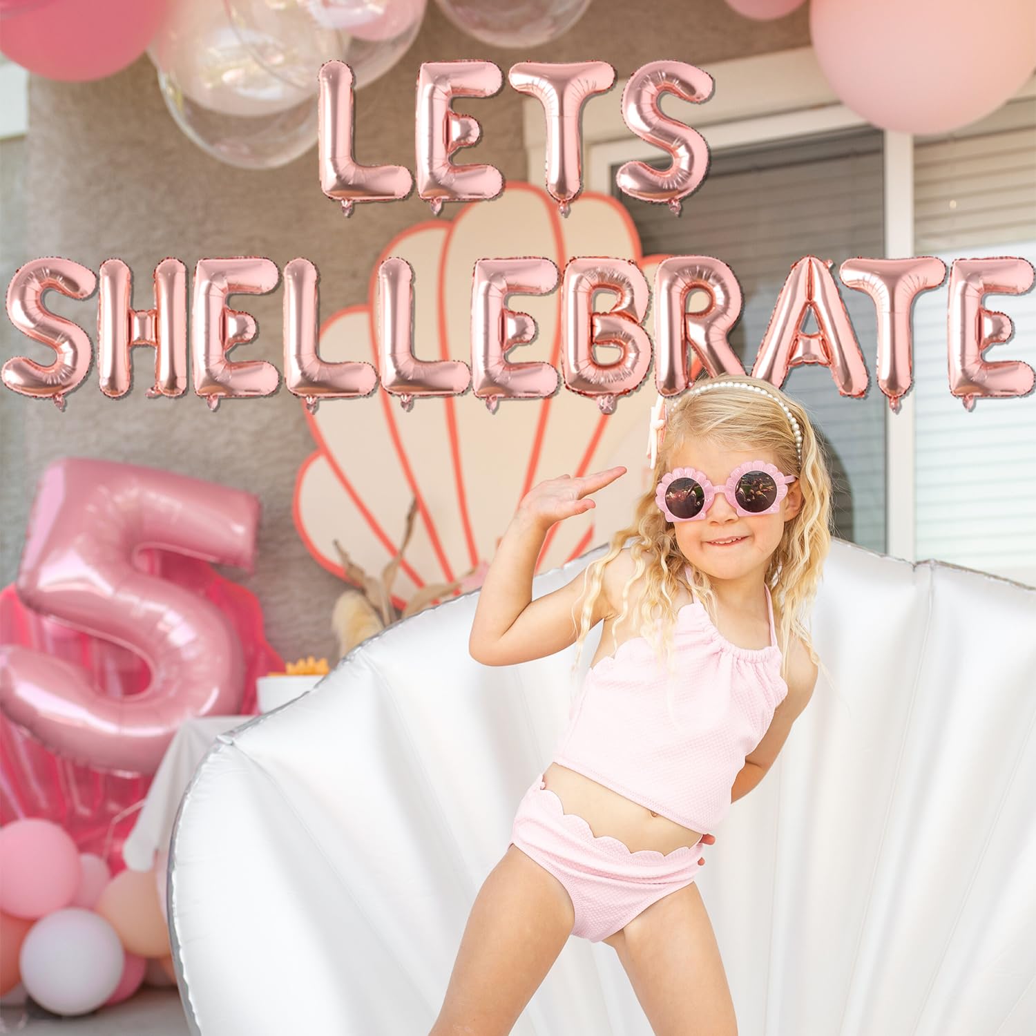 Shell Themed Party Decoration, Rose Gold Let's Shellebrate Foil Balloon Banner with Pink Shell Balloon for Bridal Shower and Birthday Party Decoration Supplies