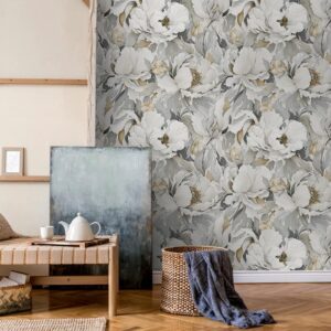 MuralPeel White Poppies Floral Modern Grey Peonies Flowers Peel and Stick Wallpaper Self Adhesive Removable Easy Peel Off Stick on Wall Paper for Bedroom Renter