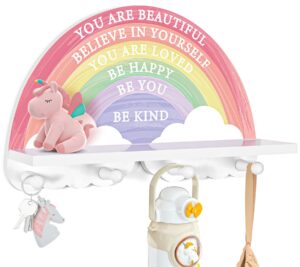 garybank inspirational rainbow shelf for girls bedroom wall decor, girls room rainbow decor, wooden kids coat rack with hooks wall mount, 4 pegs kids clothes rack, rainbow girl gifts for christmas