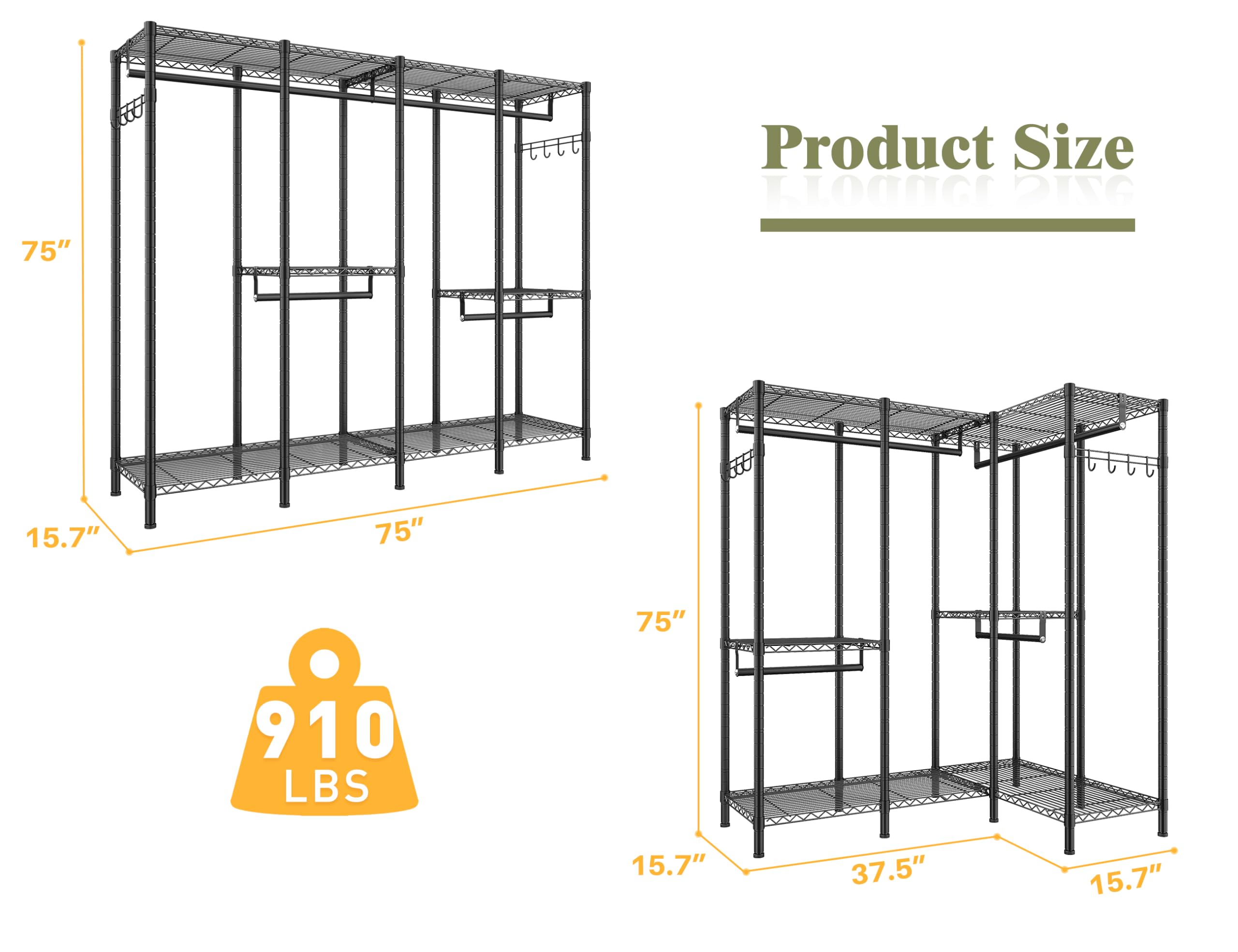 Raybee Clothes Rack, Clothing Rack Heavy Duty Clothing Racks for Hanging Clothes 910LBS, Metal Garment Rack Heavy Duty Clothes Rack Freestanding Wardrobe Closet Rack, 75" H x 75" W x 15.7" D, Black