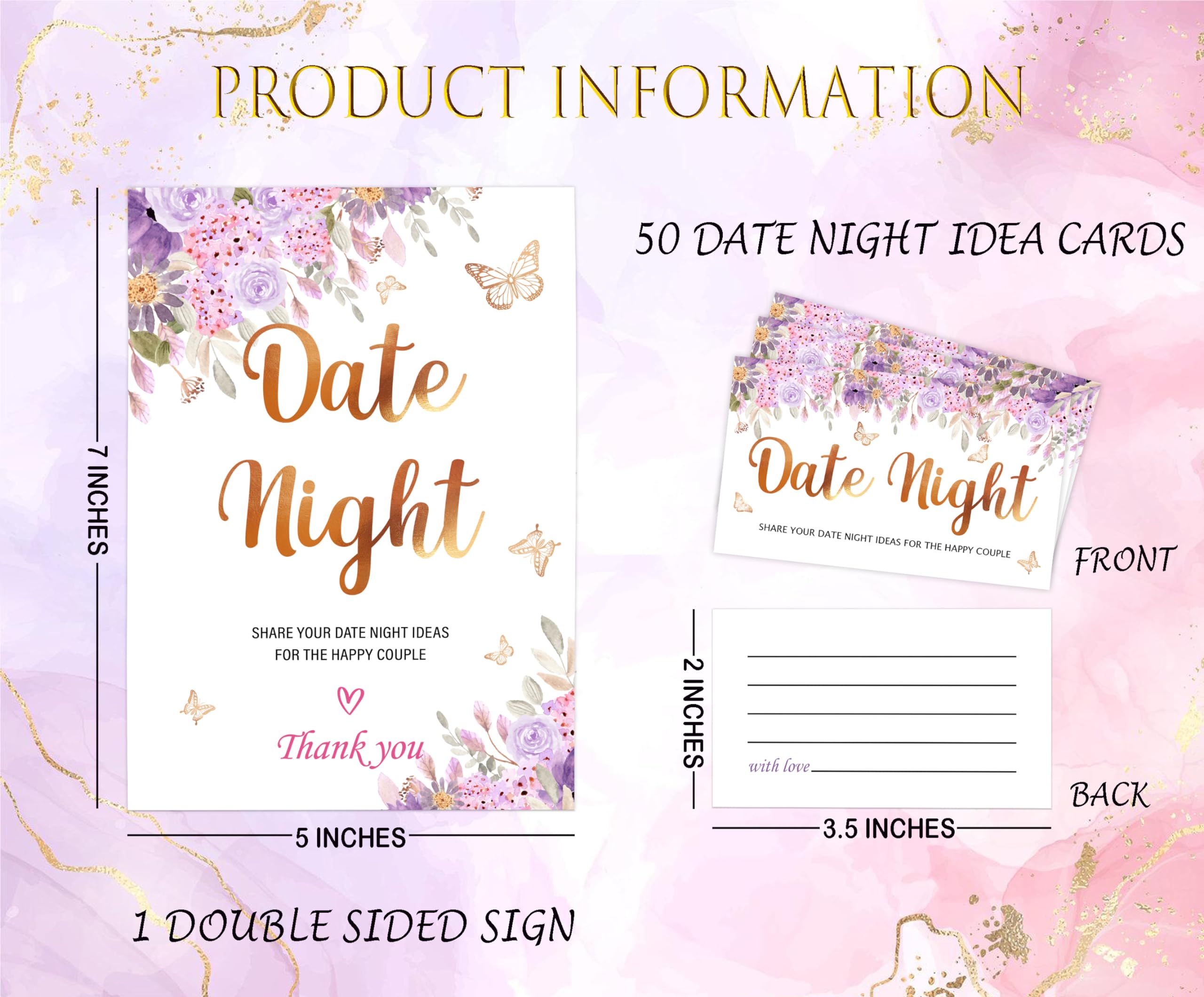 Butterfly Date Night Game, Date Night Ideas Sign with 50 Cards, Bridal Shower Game, Modern Bridal Shower Decorations, Wedding Date Night Advice - 06