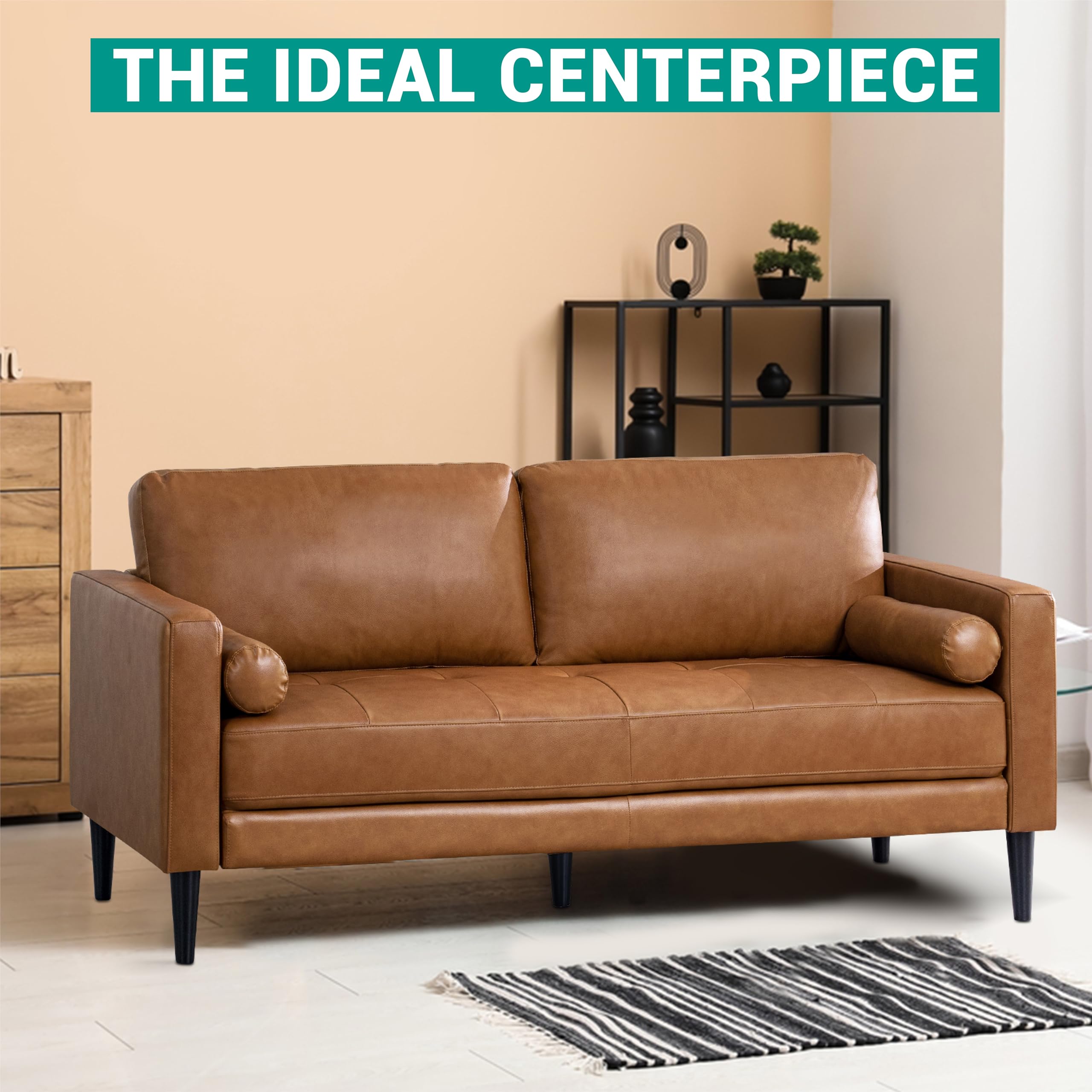 Naomi Home Genuine Leather Sofa - Revel in Exquisite Leather Opulence - Unparalleled Luxury Mid-Century Leather Sofa - Embodiment of Cozy Lounging and Contemporary Design Tan