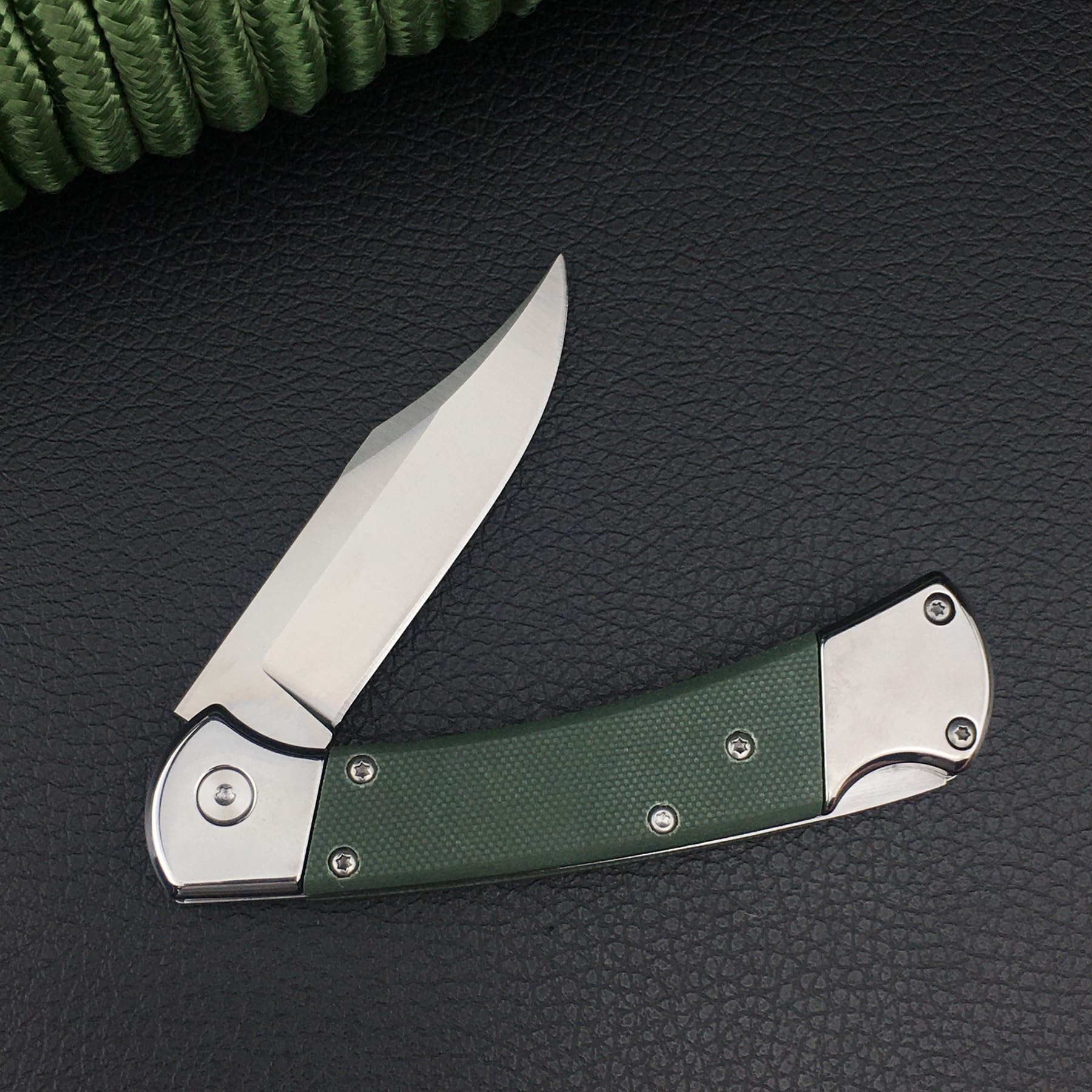 HUAAO 7.3 Inch Camping Folding Knife, Pocket Knife with 440C Steel Blade G10 Handle, Lock Back Knife with Leather Sheath (Green Handle)