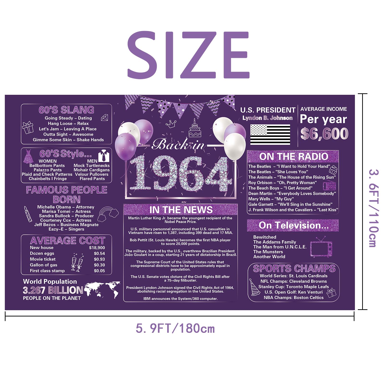 Crenics Purple 60th Birthday Decorations for 1964, Back in 1964 Birthday Backdrop Banner 5.9 x 3.6 Ft, 60 Years Old Birthday Party Supplies for Women