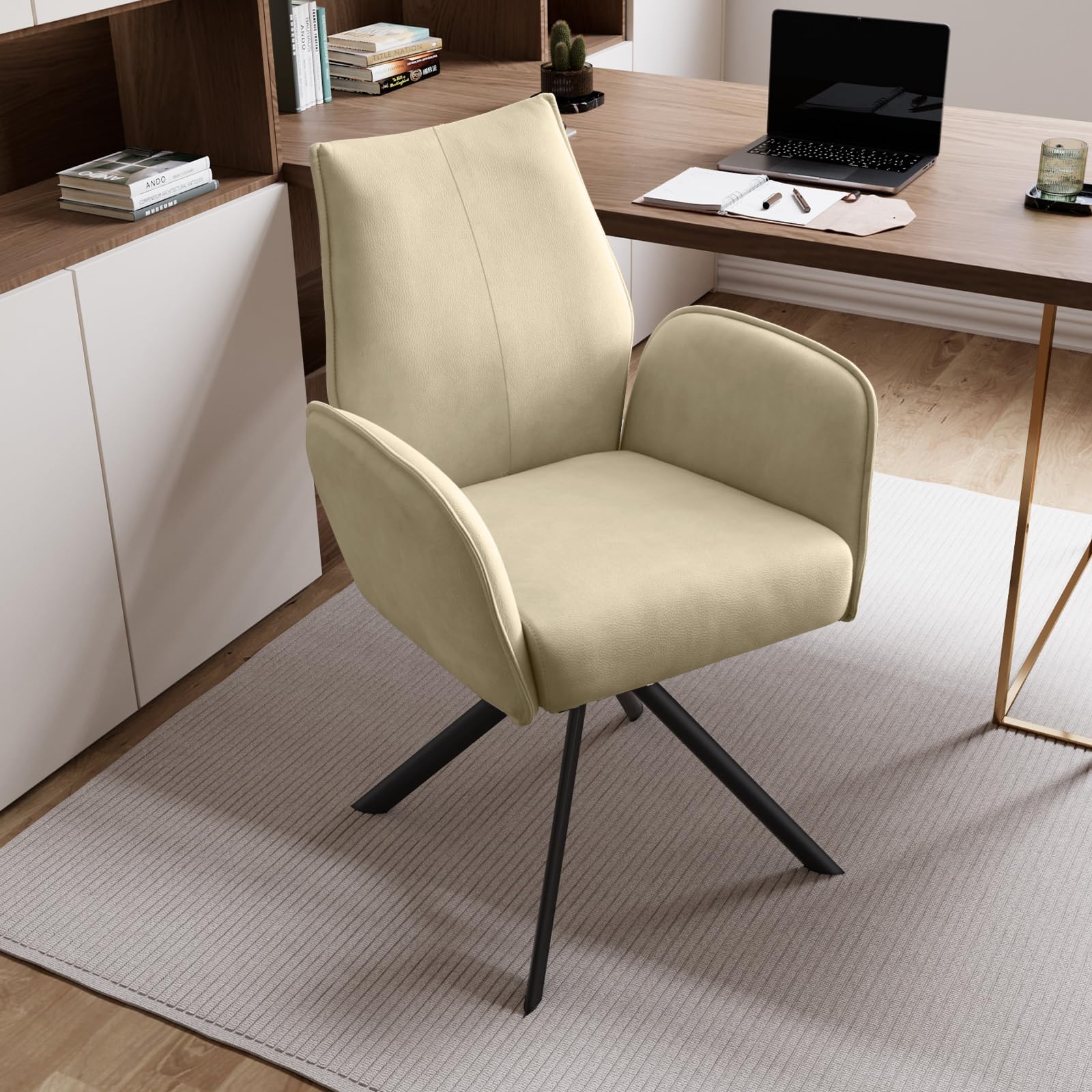 jiexi Modern Desk Chair no Wheel, Ergonomic Office Chair Home Office Upholstered Chair, Swivel Arm Chairs with Metal Legs, Computer Chair for Bedroom, Reception Room, Living Room