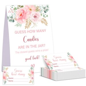 blush pink floral baby shower game, guess how many candies are in the jar, pack of 1 sign and 50 guessing cards, baby shower decoration, gender neutral - 02