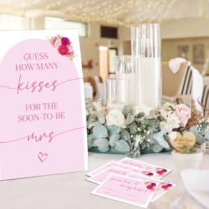 Pink Floral Bridal Shower Game, Guess How Many Kisses For The Soon To Be Mrs, Pack of 1 Sign and 50 Guessing Cards, Modern Bridal Shower Decorations, Wedding Shower Supplies - 01