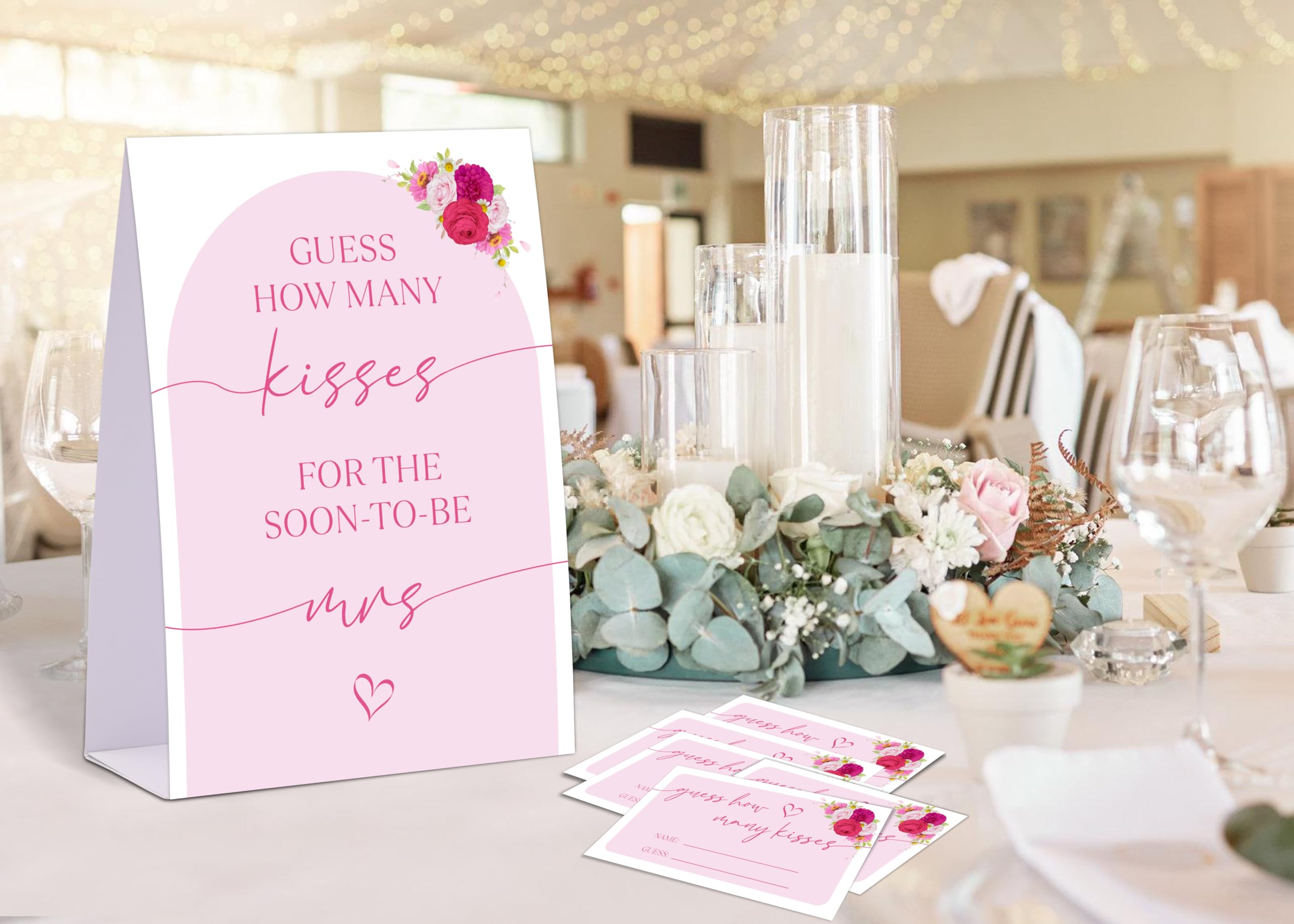 Pink Floral Bridal Shower Game, Guess How Many Kisses For The Soon To Be Mrs, Pack of 1 Sign and 50 Guessing Cards, Modern Bridal Shower Decorations, Wedding Shower Supplies - 01