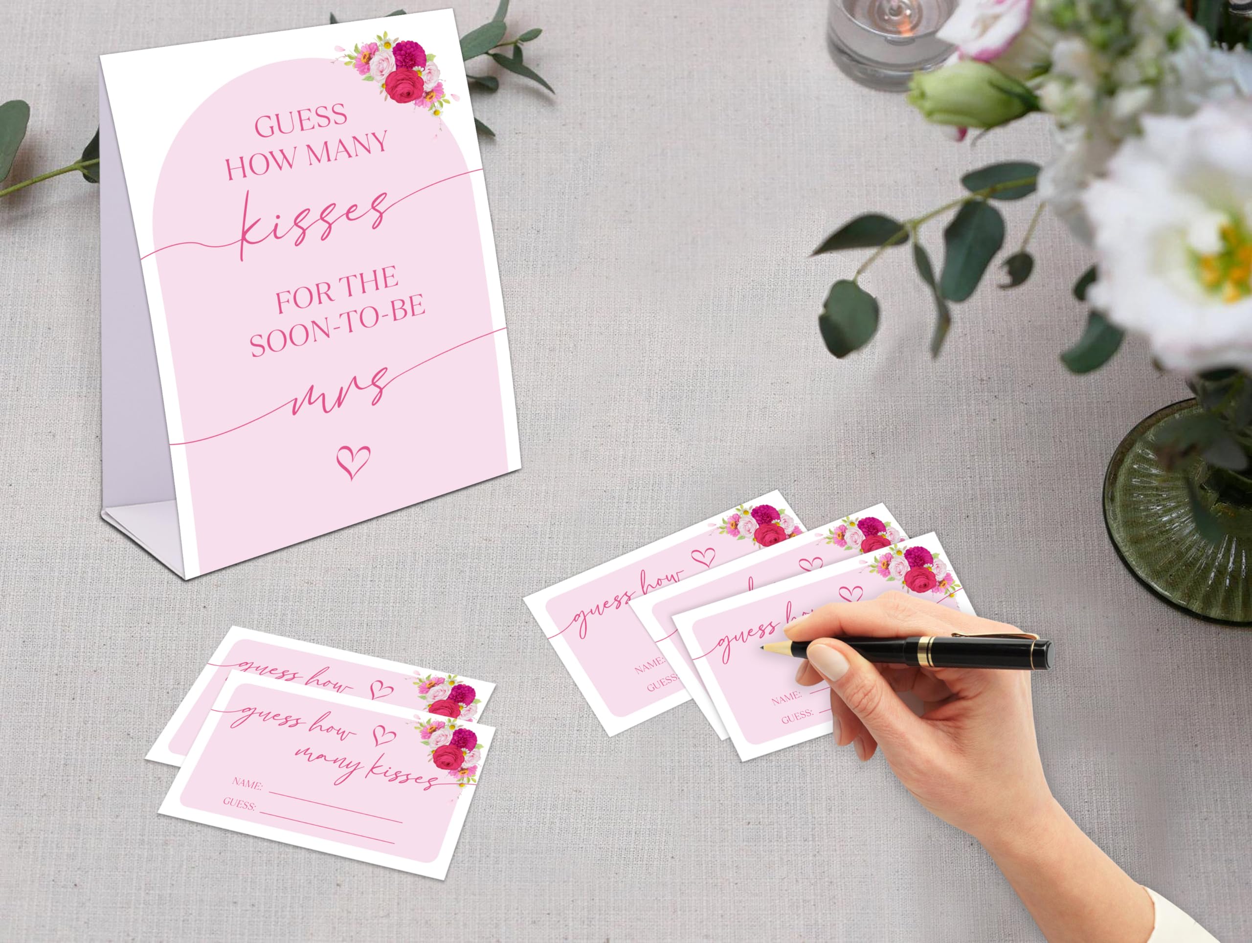 Pink Floral Bridal Shower Game, Guess How Many Kisses For The Soon To Be Mrs, Pack of 1 Sign and 50 Guessing Cards, Modern Bridal Shower Decorations, Wedding Shower Supplies - 01