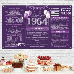 Crenics Purple 60th Birthday Decorations for 1964, Back in 1964 Birthday Backdrop Banner 5.9 x 3.6 Ft, 60 Years Old Birthday Party Supplies for Women