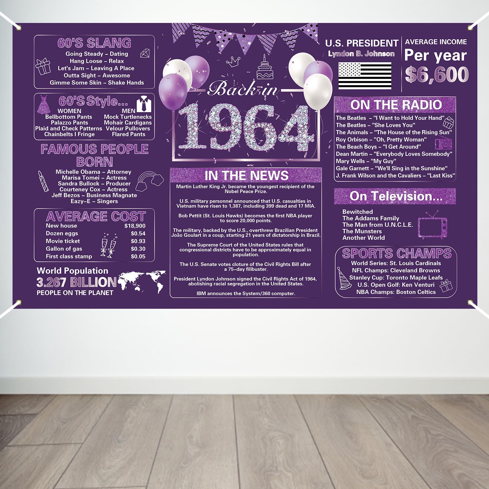 Crenics Purple 60th Birthday Decorations for 1964, Back in 1964 Birthday Backdrop Banner 5.9 x 3.6 Ft, 60 Years Old Birthday Party Supplies for Women