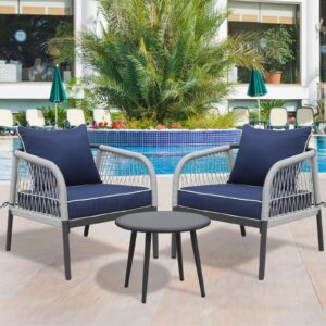 Jadoxy Outdoor Chair Deep Seating Cushions, Waterproof Patio Furniture Back & Deep Seat Cushion Set for Garden Courtyard Furniture (Blue+White Edge)