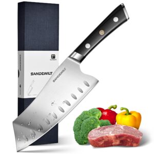 sandewily meat cleaver chef knife,7-in ultra sharp kitchen knife,slicer knife cooking knife vegetable knife,german hc stainless steel,full tang wood handle,gift box for home outdoor bbq camping