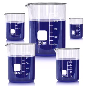 glass beakers set, 5 sizes - 10ml, 25ml, 50ml, 100ml, 250ml, 3.3 borosilicate beaker for laboratories, classrooms or home, griffin low form lab beakers