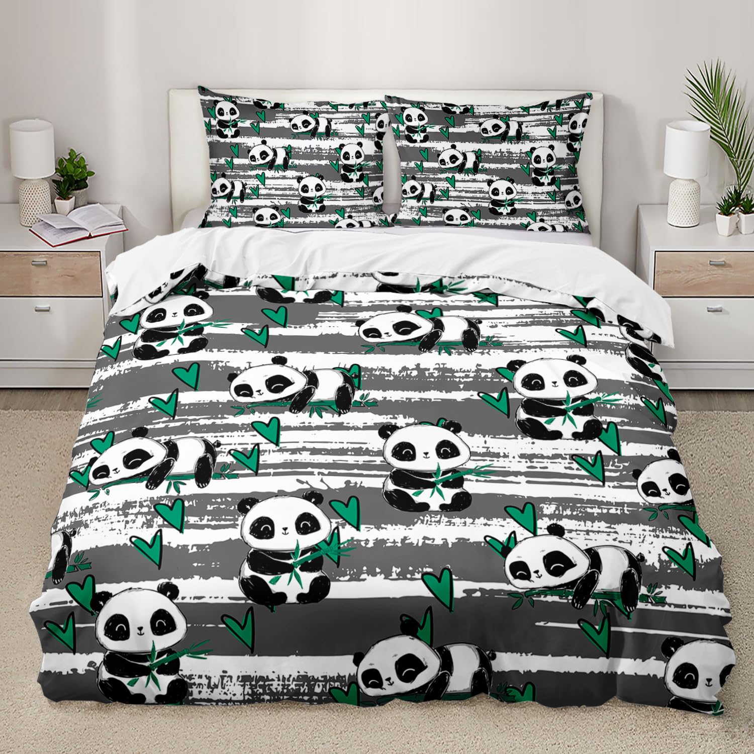 AILONEN Cute Panda Duvet Cover Set Queen Size, Chinese Panda Bamboo Themed Bedding Set,Kawaii Animals Print Comforter Cover Set 3 Pieces, 1 Quilt Cover and 2 Pillowcases