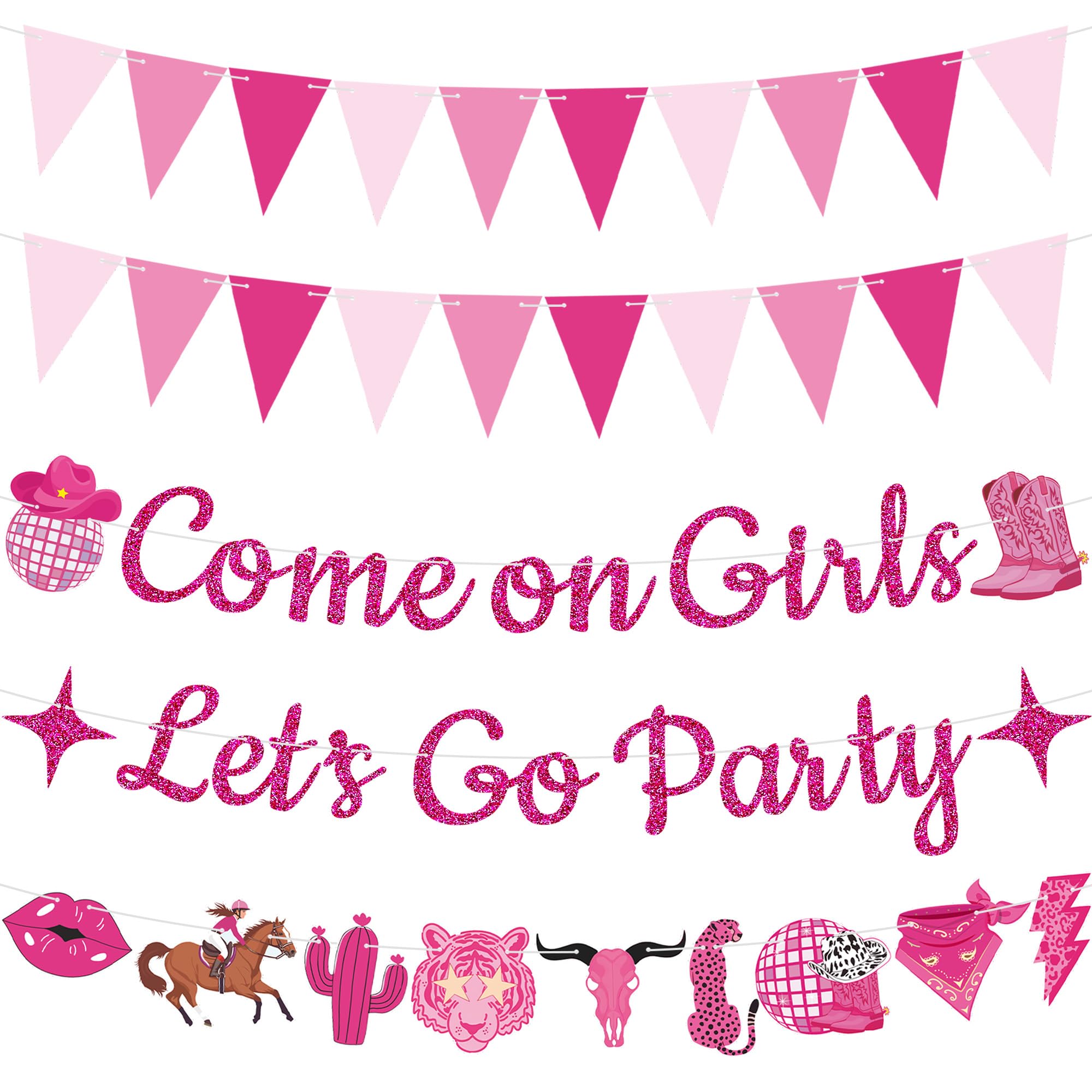 5 PCS Let’s Go Party Banner Hot Pink Party Decorations Cowgirl Pennant Flag Come on Girls Banner Princess Themed Hanging Decor for Birthday Princess Wedding Bridal Shower Party Supplies