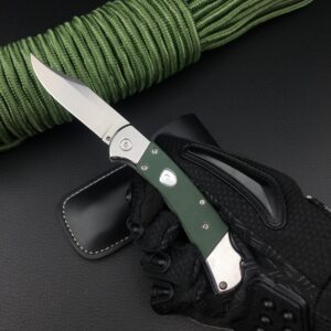 HUAAO 7.3 Inch Camping Folding Knife, Pocket Knife with 440C Steel Blade G10 Handle, Lock Back Knife with Leather Sheath (Green Handle)