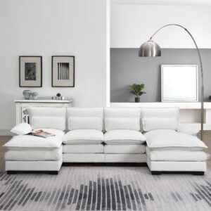 GNIXUU 109.8“ Sectional Sofa Cloud Couch for Living Room, Modern Chenille Large Overstuffed U Shaped Couch, Comfy Modular Sofa Sleeper with Double Chaise & Cushions(White)