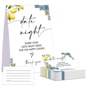 blue tiles and lemons date night game, date night ideas sign with 50 cards, bridal shower game, modern bridal shower decorations, wedding date night advice - 02