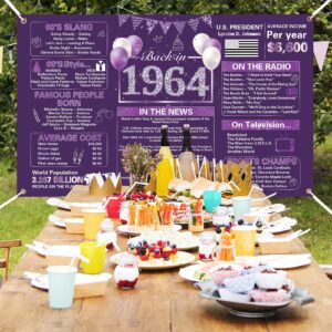 Crenics Purple 60th Birthday Decorations for 1964, Back in 1964 Birthday Backdrop Banner 5.9 x 3.6 Ft, 60 Years Old Birthday Party Supplies for Women