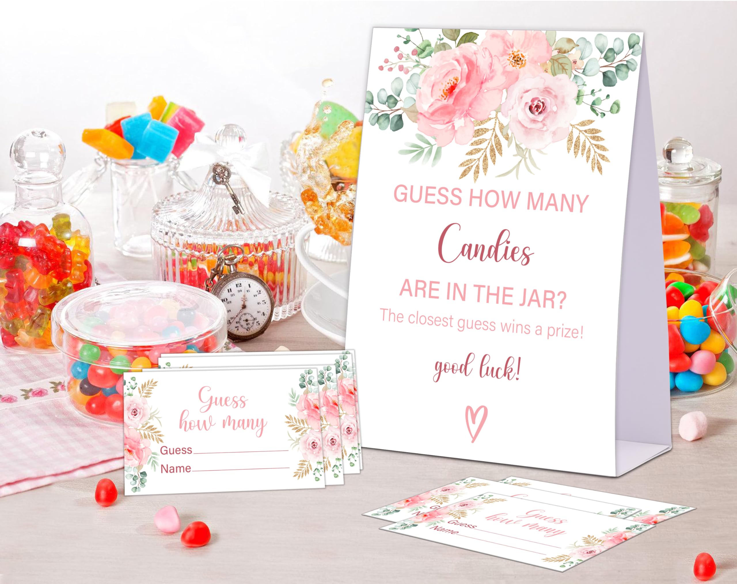 Blush Pink Floral Baby Shower Game, Guess How Many Candies Are in the Jar, Pack of 1 Sign and 50 Guessing Cards, Baby Shower Decoration, Gender Neutral - 02