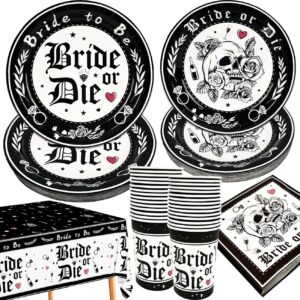 bride or die bachelorette party decorations-121pcs halloween bride or die paper plates and napkins cups and tablecloth disposable dinnerware set for bridal shower engagement wedding bachelorette party