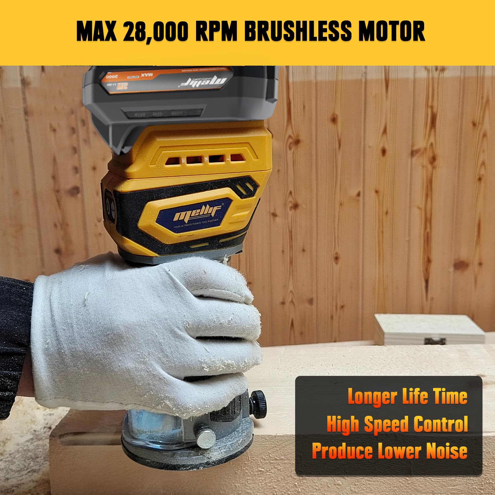 Cordless Compact Router, Mellif Brushless Palm Router Compatible with 20V Battery (Tool Only) 28,000RPM 600W w/Fixed Base, 12PCS 1/4" Router Bits, 5-Speed, Edge & Roller Guides, Dust Hood