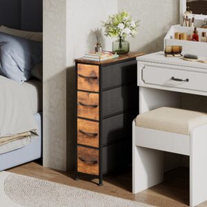 EKNKOZY Narrow Dresser Storage Tower with 4 Drawers, Slim Dresser Chest of Drawers with Steel Frame, Wood Top, Dresser for Bedroom, Bathroom, Small Spaces, Laundry, Closet (Rustic Brown)