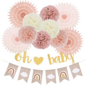 elopely boho rainbow baby shower decorations, oh baby burlap banner tissue pom pom paper fan dusty rose pink gender neutral baby shower boy girl party decoration (pink, beige)